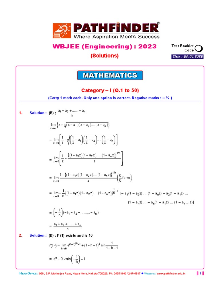 Mathematics WBJEE-2023 Solution PDF | PDF | Algebra | Elementary ...