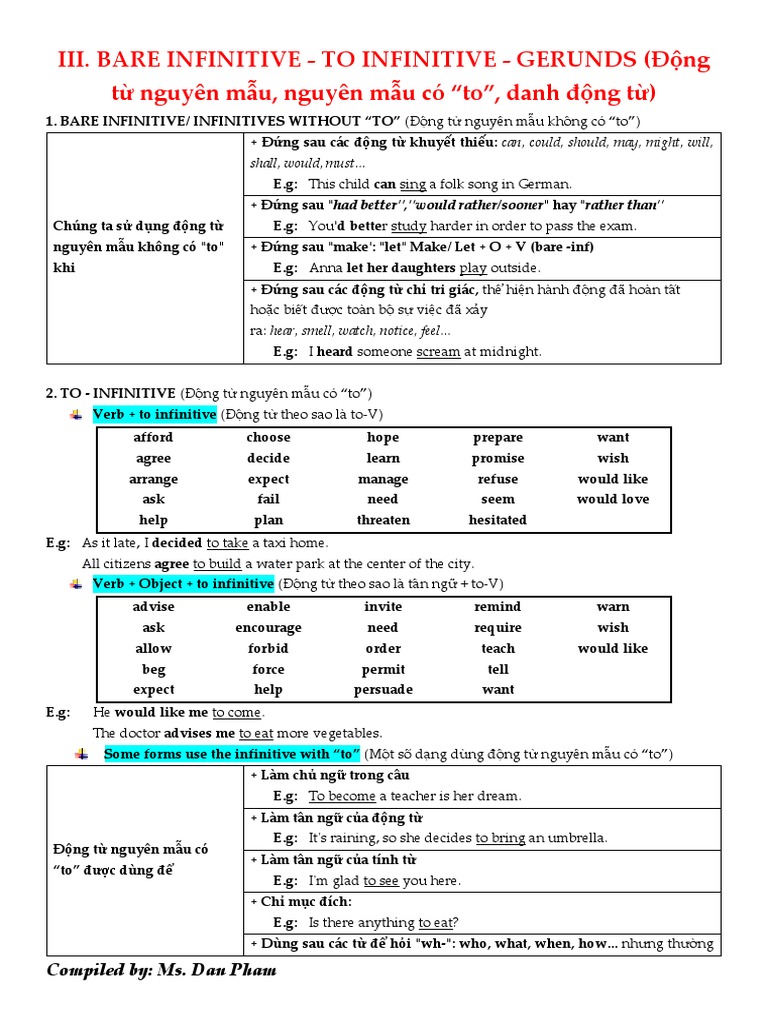 Lý Thuyết Bài Tập TO INFINITIVES BARE INFINITIVES GERUNDS | PDF