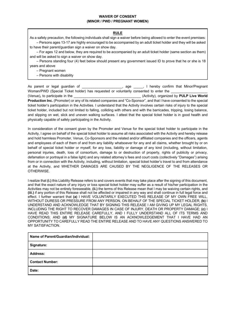 PULP Live World - WAIVER (All Shows) | PDF | Damages | Legal Liability