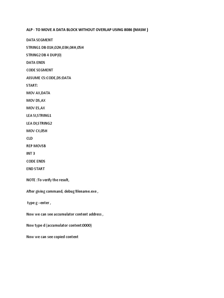 Move A Data Block Without Overlapping USING 8086 (MASM) | PDF