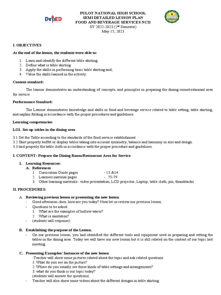 Dlp Food And Beverage Services Pdf Skirt Learning