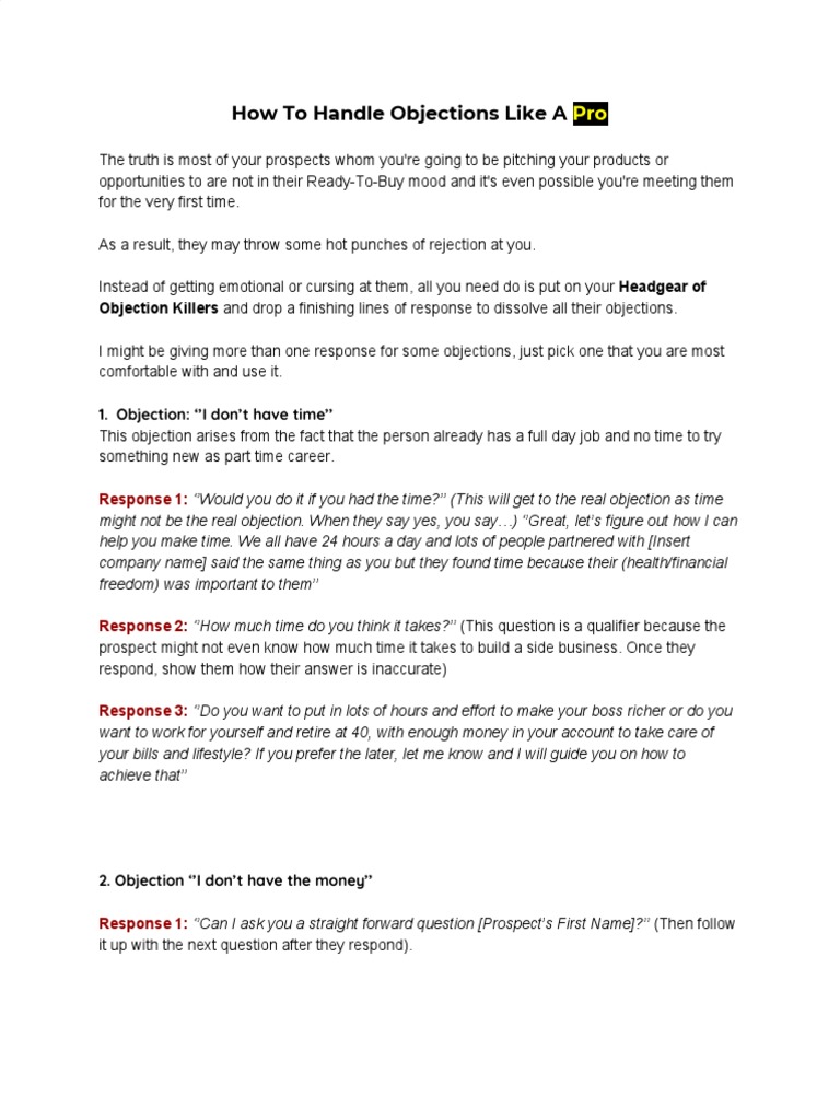 Objection Handling for Sales Pros | PDF | Business | Self-Improvement