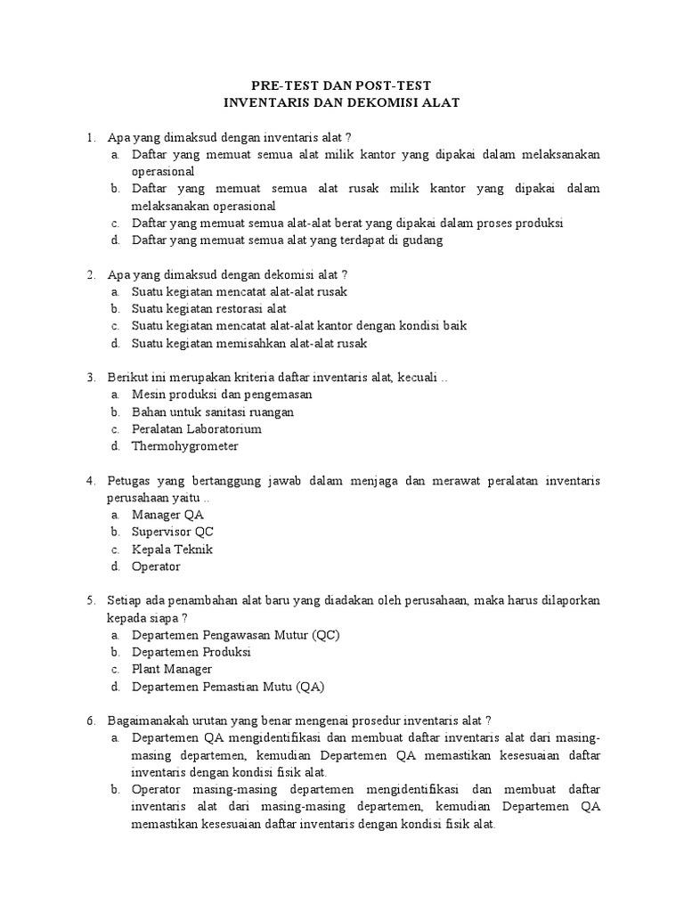 Pre-Test & Post-Test Inventaris Dan Dekomisi Alat | PDF | Griya & Taman ...