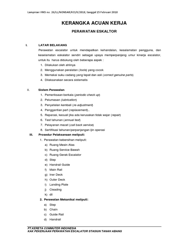 Kerangka Acuan Kerja: Perawatan Eskaltor | PDF | Teknologi & Rekayasa