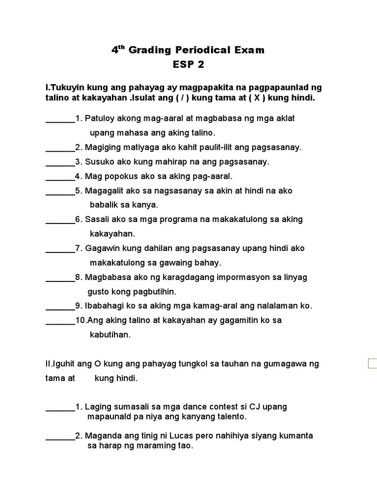 4th Grading Periodical Exam ESP | PDF
