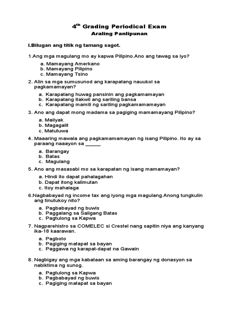 4th Grading Periodical Exam Aral Pan | PDF