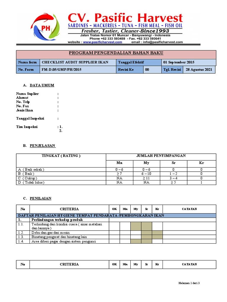 Checklist Audit Supplier Ikan | PDF