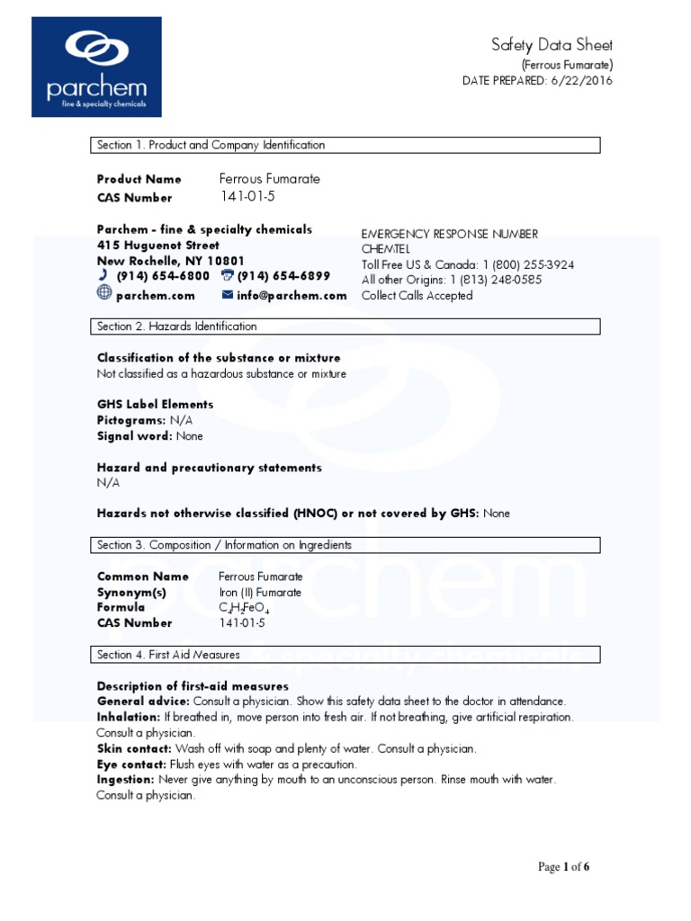MSDS Ferrous Fumarate | PDF | Firefighting | Dangerous Goods