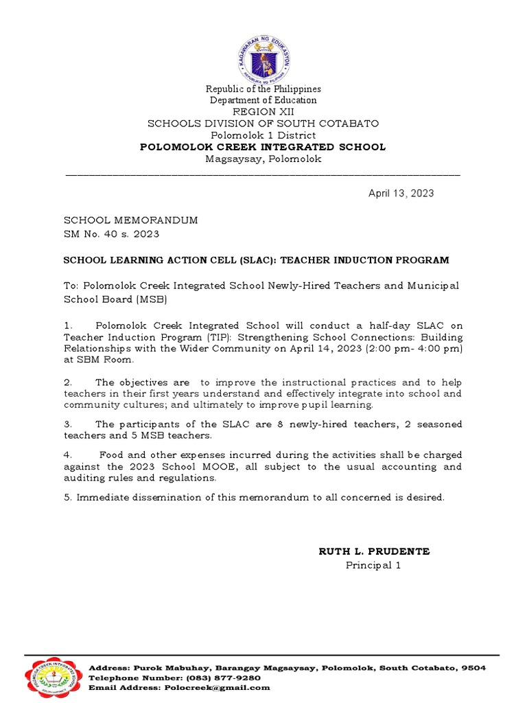 SLAC SCHOOL MEMO 2023 | PDF