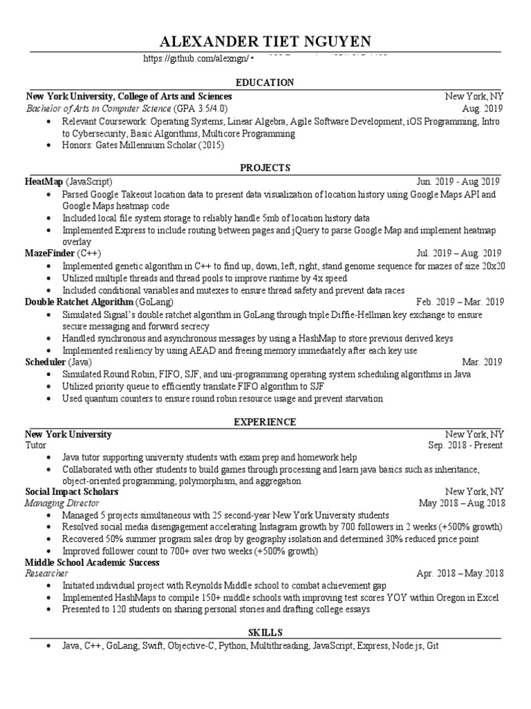 Alexander Tiet Nguyen Resume - Computer Science Student | PDF