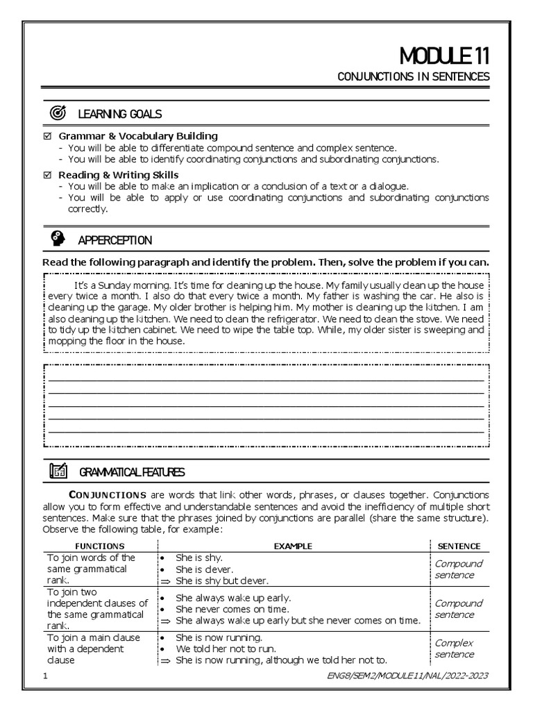 KLS8 - Sem2 - Module10 - Conjunctions | Download Free PDF | Sentence (Linguistics) | Semantic Units