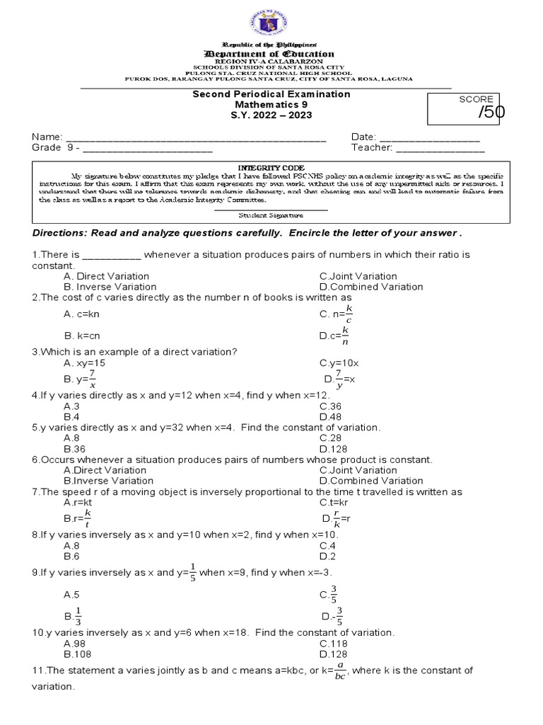 Grade 9 Math Second Quarter Exam | PDF | Mathematical Objects | Mathematics