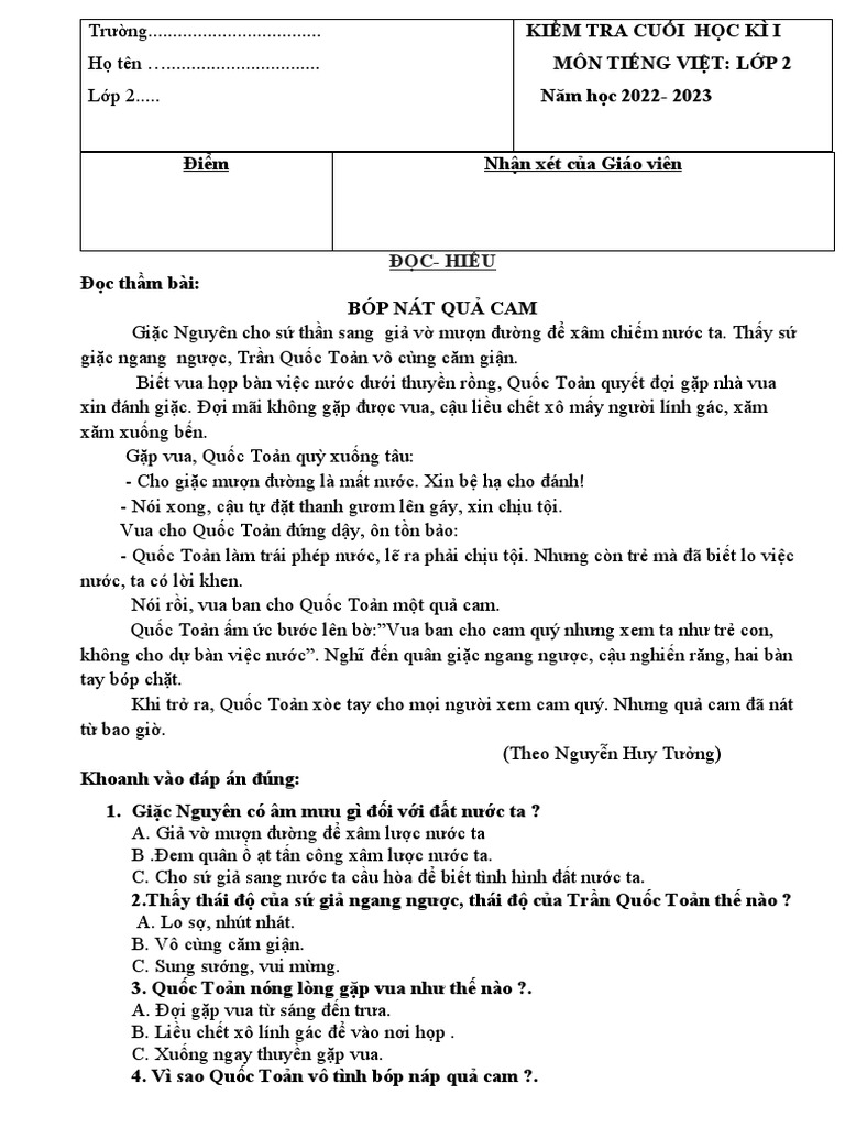 Đề Kiểm Tra HK LỚP 2 -HK2 | PDF