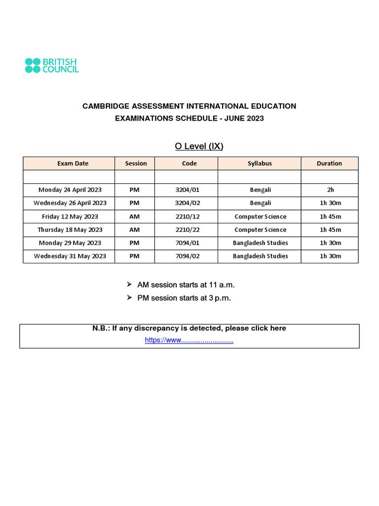 O Level (IX) Exam Timetable-2023 | PDF