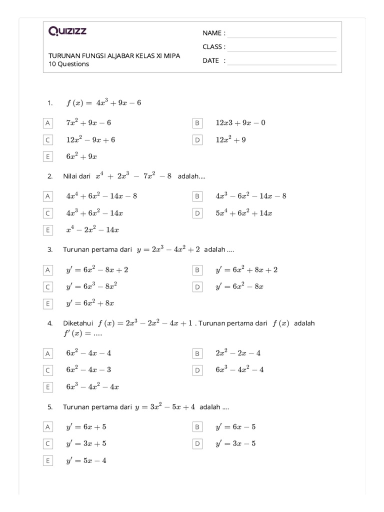 Turunan Fungsi Aljabar Kelas Xi Mipa | PDF