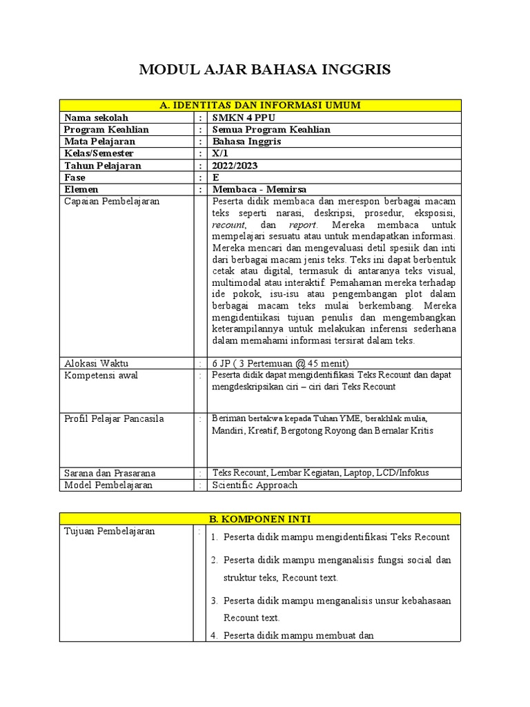 Modul AJar Recount Text - Edit | PDF