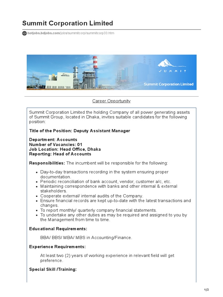 Deputy Assistant Manager Position at Summit Corporation Limited ...