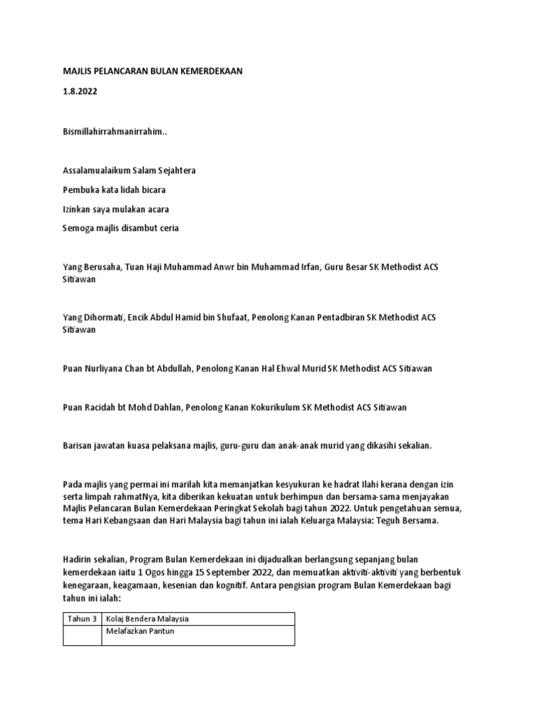 Teks Majlis Pelancaran Bulan Kemerdekaan | PDF