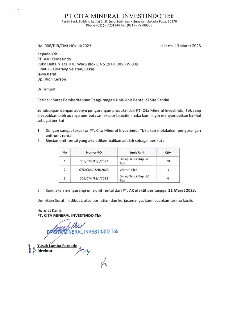 008 Surat Pemberitahuan Pengurangan Unit PT AKS PDF | PDF