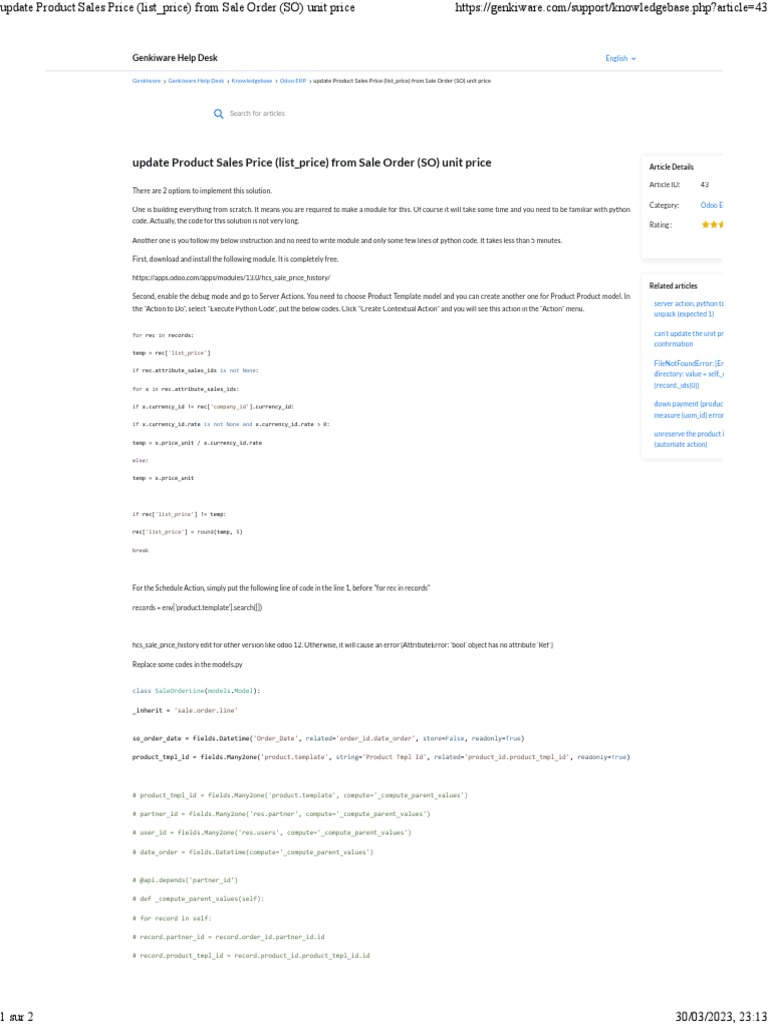 Update Product Sales Price (List - Price) From Sale Order (SO) Unit ...
