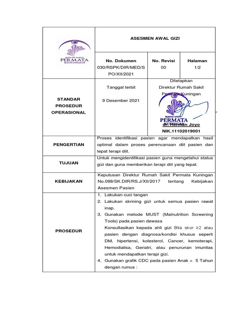 11.pp.1.2.a Spo Asesmen Awal Gizi (Skrining Nutrisi) | PDF