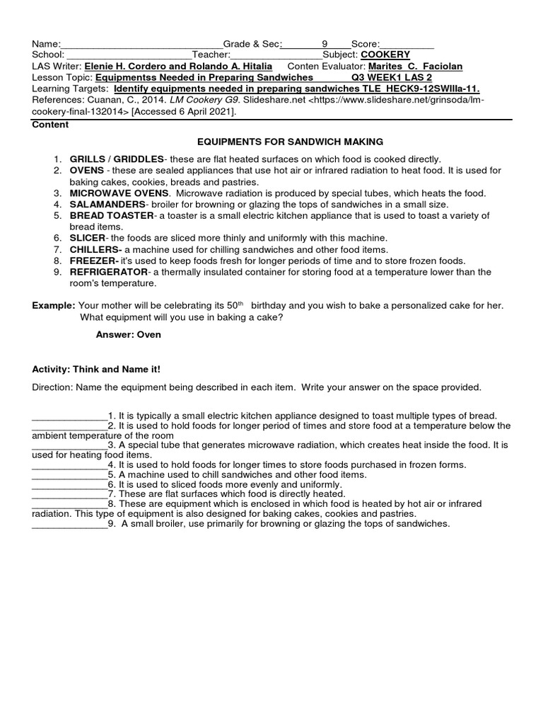 Cookery 9 Quarter 3 Week 1 Las 2 | PDF