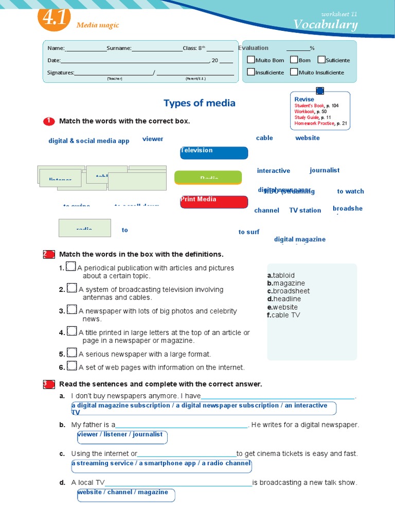 Enga8 Vocabulary Worksheet4 1 Types of Media | PDF | Newspapers | Websites