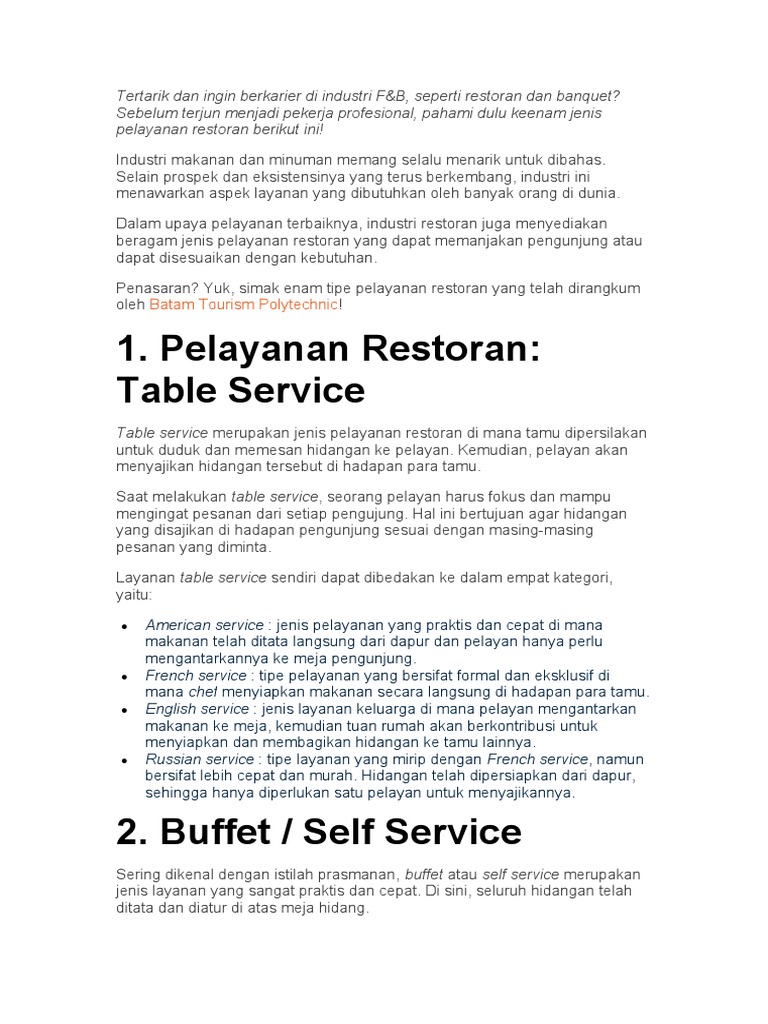 6 Tipe Pelayanan Restoran | PDF
