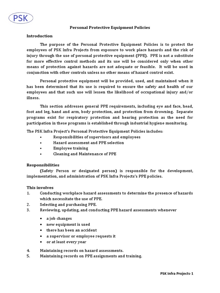 PPE Policies for PSK Infra Projects | PDF | Personal Protective ...