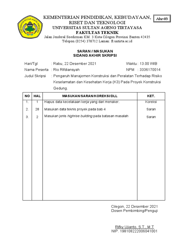 Form Akh-03_Lembar saran & masukan_sidang akhir_Rio Rifdiansyah_3336170014 (3. Pak Rifky).doc | PDF