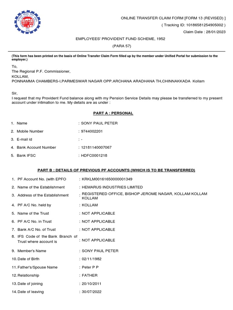 EPF Online Transfer Claim Form | PDF | Service Industries | Personal ...