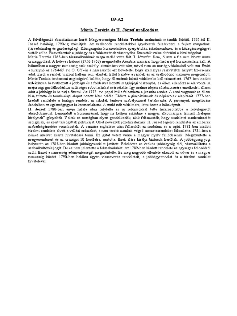 Maria Terezia Es II Jozsef Uralkodasa | PDF