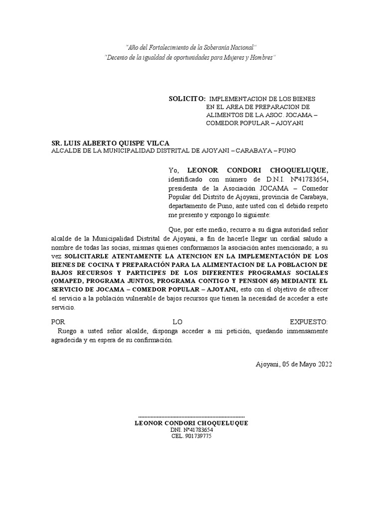 Solicitud - Implementacion de Los Bienes - Jocama - Ajoyani | PDF