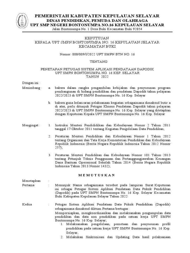 Contoh SK OPERATOR DAPODIK | PDF