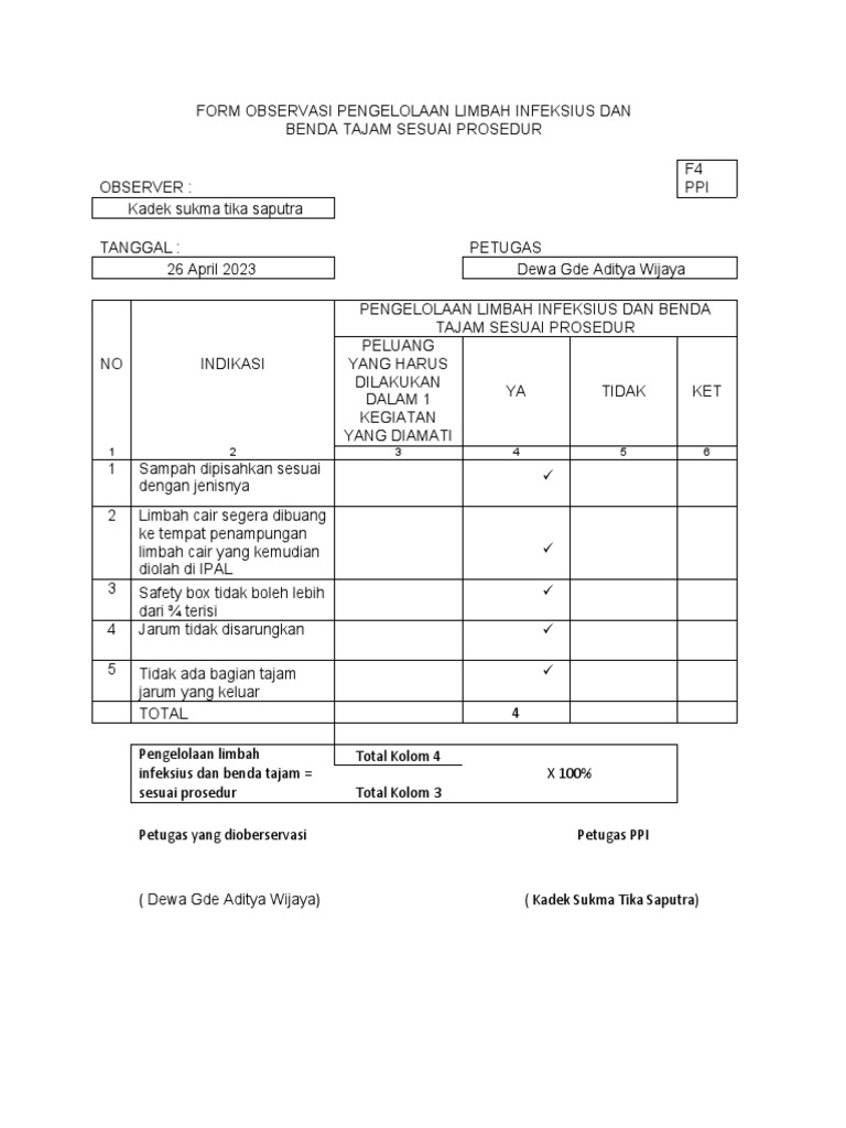 Form Observasi Pengelolaan Limbah Infeksius Dan | PDF