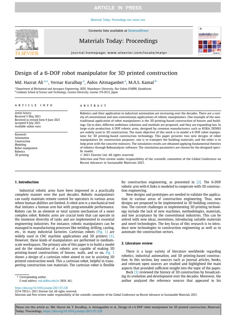 Design of A 6-DOF Robot Manipulator For 3D Printed Construction | PDF ...