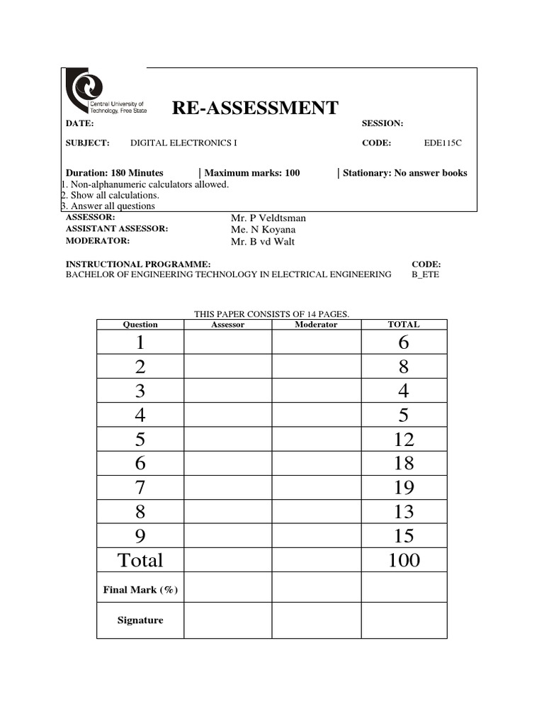 Digital Electronics I Re-assessment EDE115C | PDF | Electronic Circuits ...