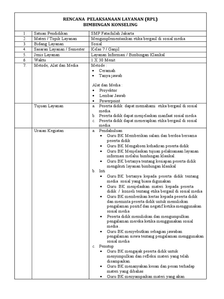 Rencana Pelaksanaan Layanan | PDF