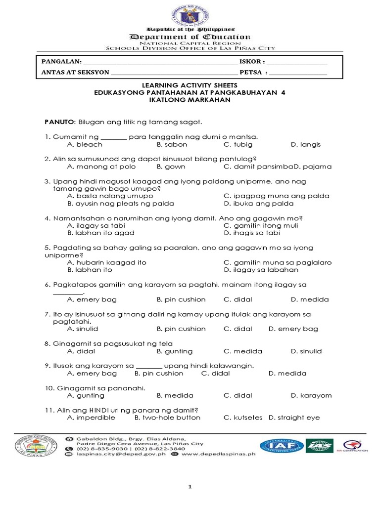 Epp He 4 Third Periodic Test Epp Iv H.E. 1 Final | PDF