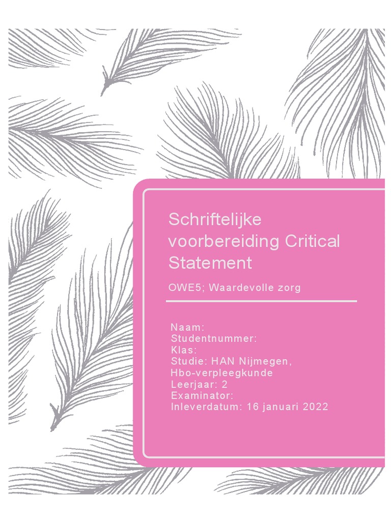 Voorbeeld Schriftelijke Voorbereiding Critical Statement Student 2021 ...