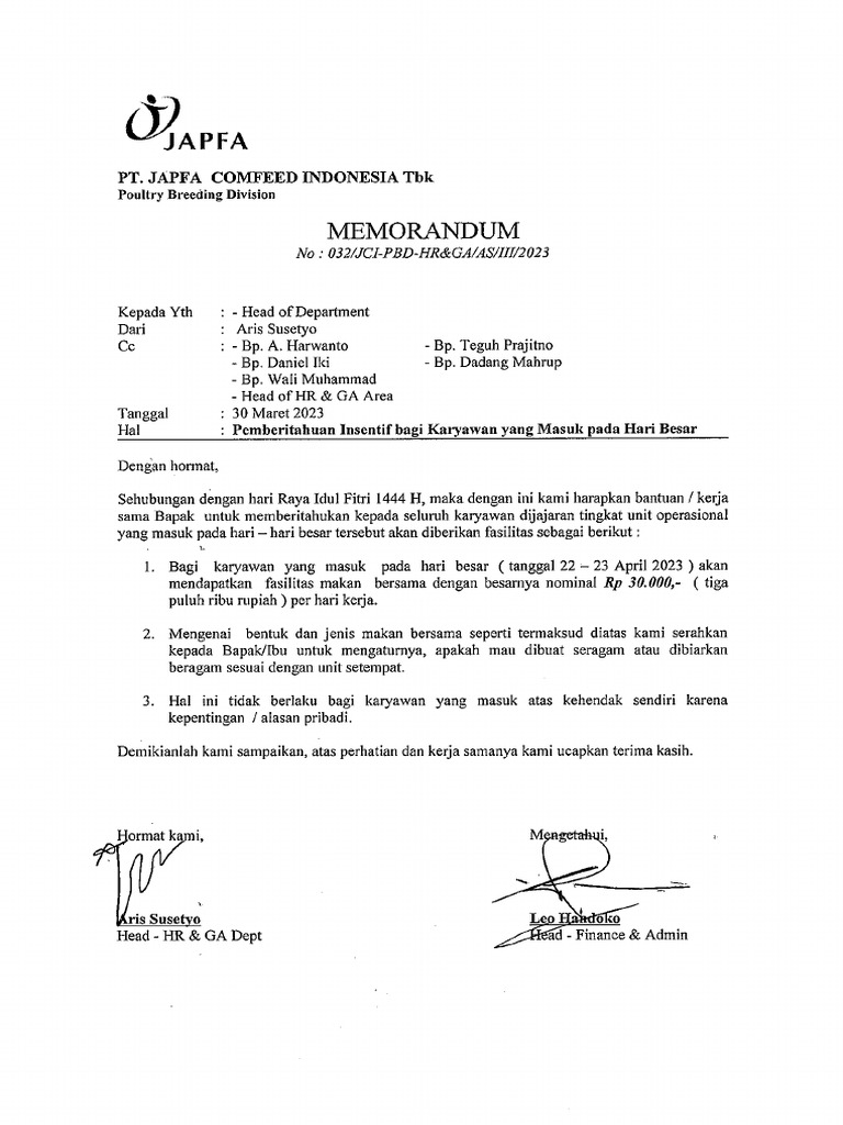 Memo Insentif Id 2023 Unit | PDF