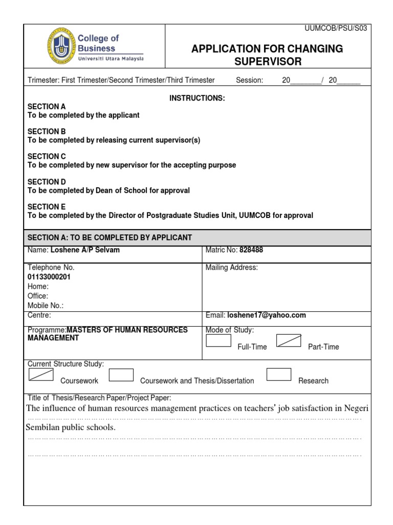 Changing Supervisor Form | PDF | Thesis