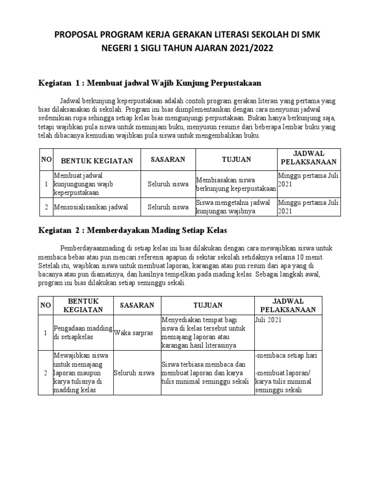 Proposal Program Kerja Gerakan Literasi Sekolah Di SMK Negeri 1 Sigli ...