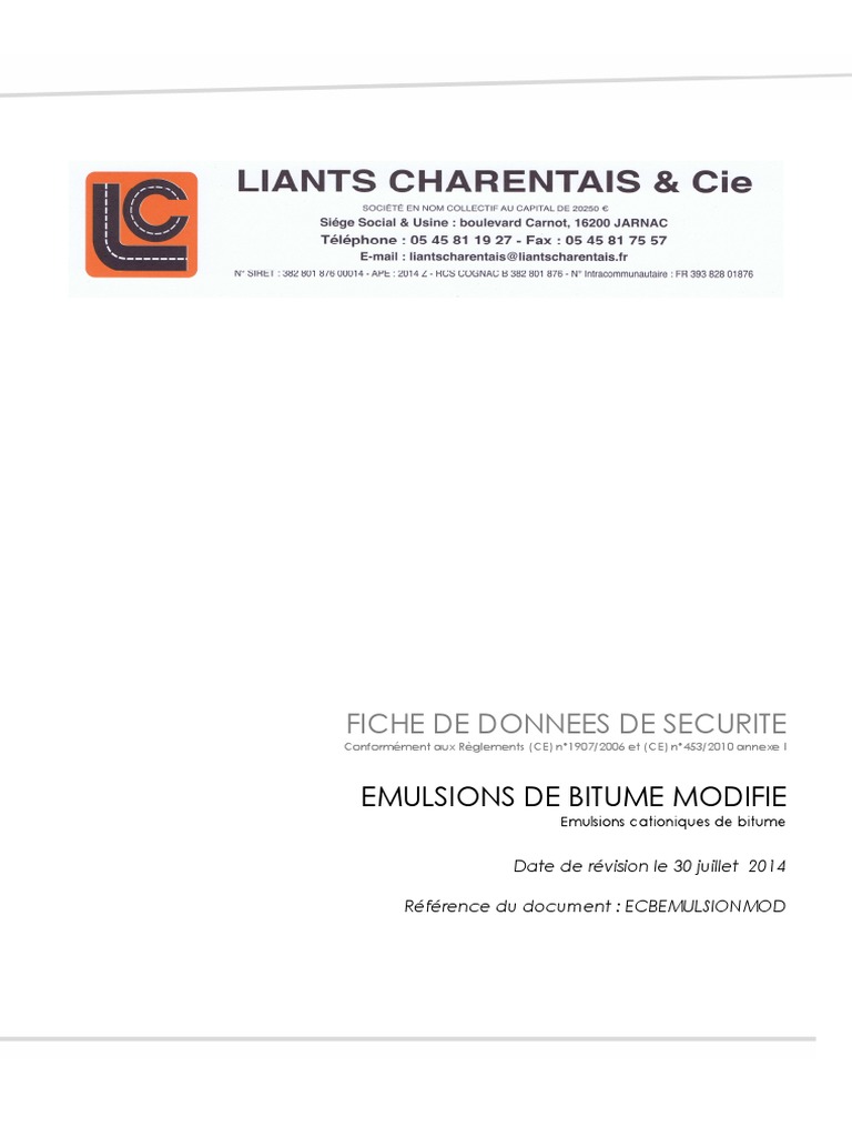 Fiche de sécurité : Emulsion de bitume | PDF | Carcinogène | Asphalte