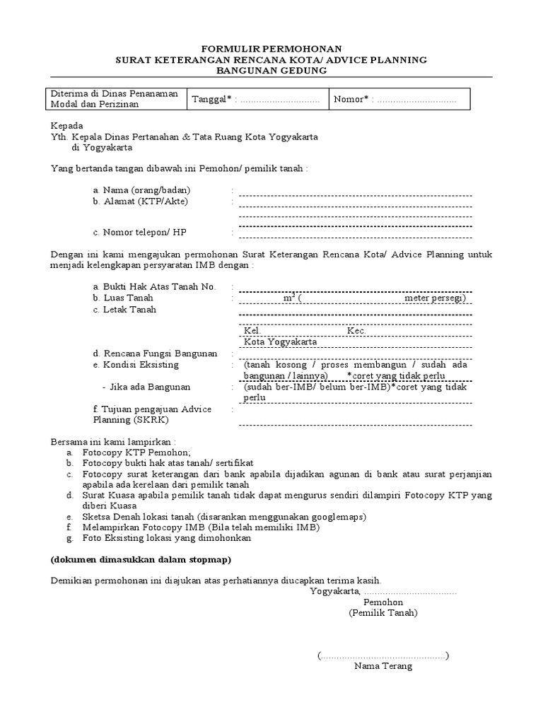 Formulir Permohonan Surat Keterangan Rencana Kotaadvice Plannin 3058 | PDF