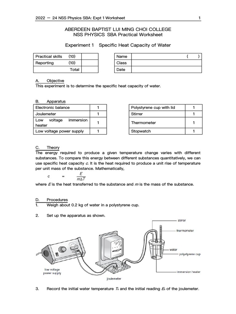 Expt 01 Specific Heat Capacity of Water | PDF | Heat | Temperature