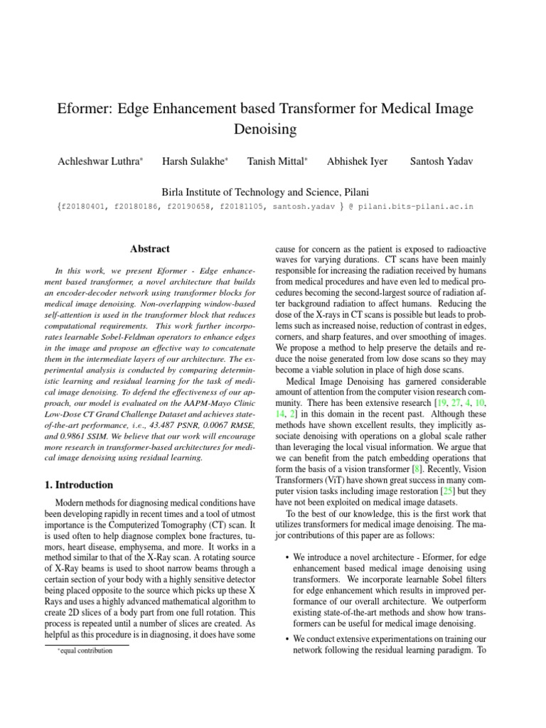 Edge Enhancement Based Transformer For Medical Image Denoising PDF | PDF | Ct Scan | Imaging
