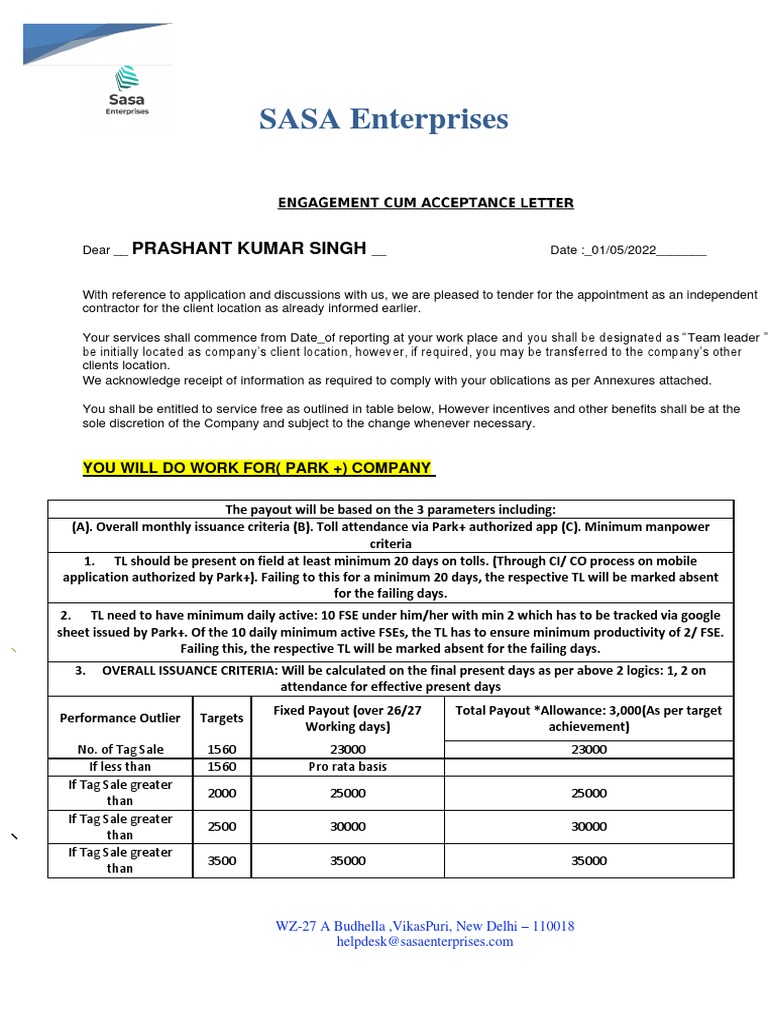 Prashant Kumar Singh Tl Park + Joining Letter -Sasa | PDF | Taxes ...