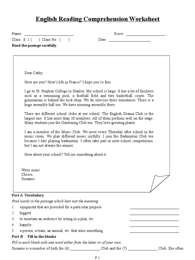 English Comprehension Worksheets Grade 5