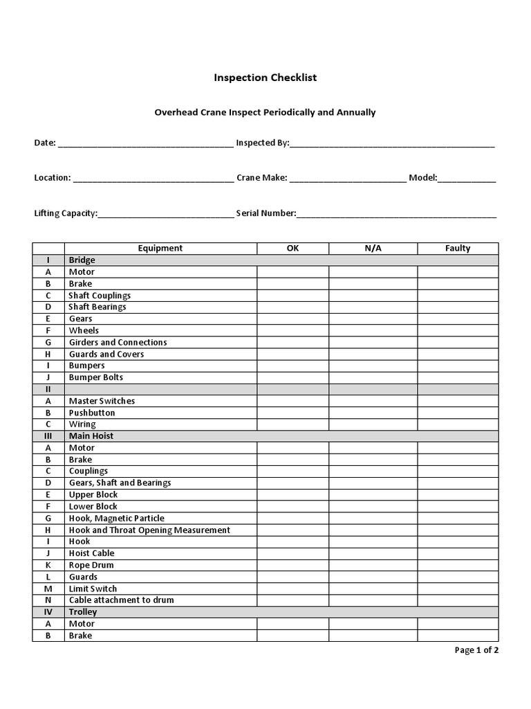 Overhead Crane Inspection Checklist | PDF | Crane (Machine ...